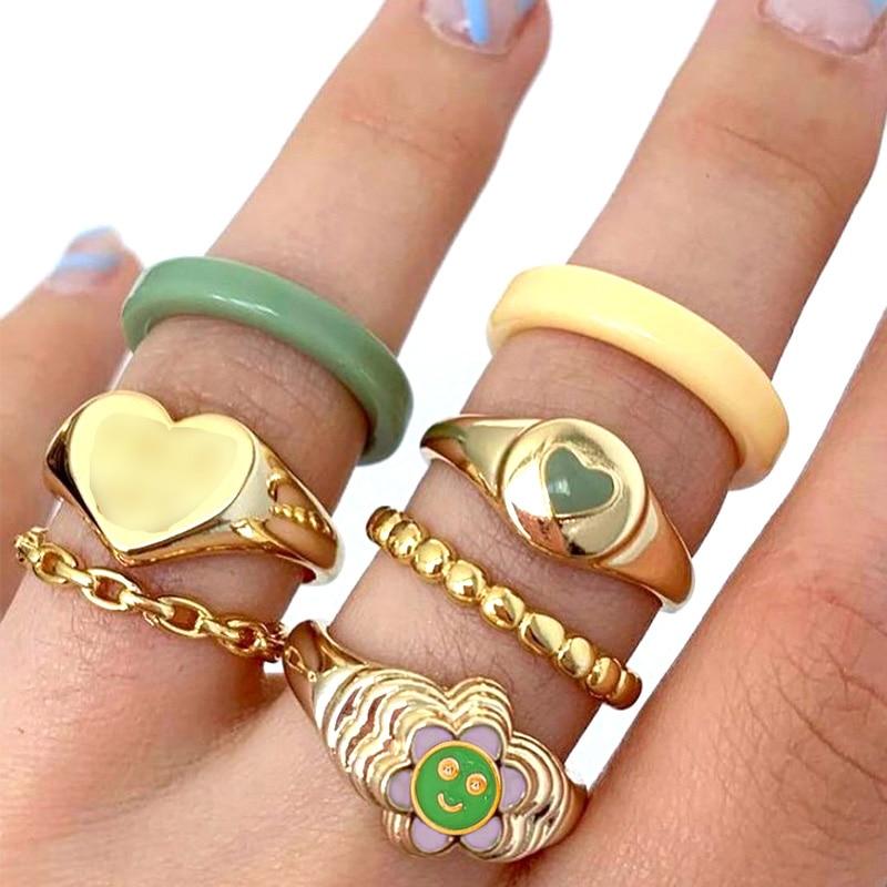 Y2K Cute Heart Flower Rings Metal Cloud Crystal Fashion Goth Punk Char ...