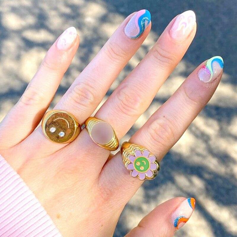 Y2K Cute Heart Flower Rings Metal Cloud Crystal Fashion Goth Punk Char ...